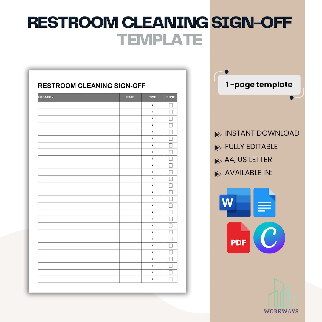 Restroom Cleaning Sign-off Template: Editable Cleaning Log (digital ...