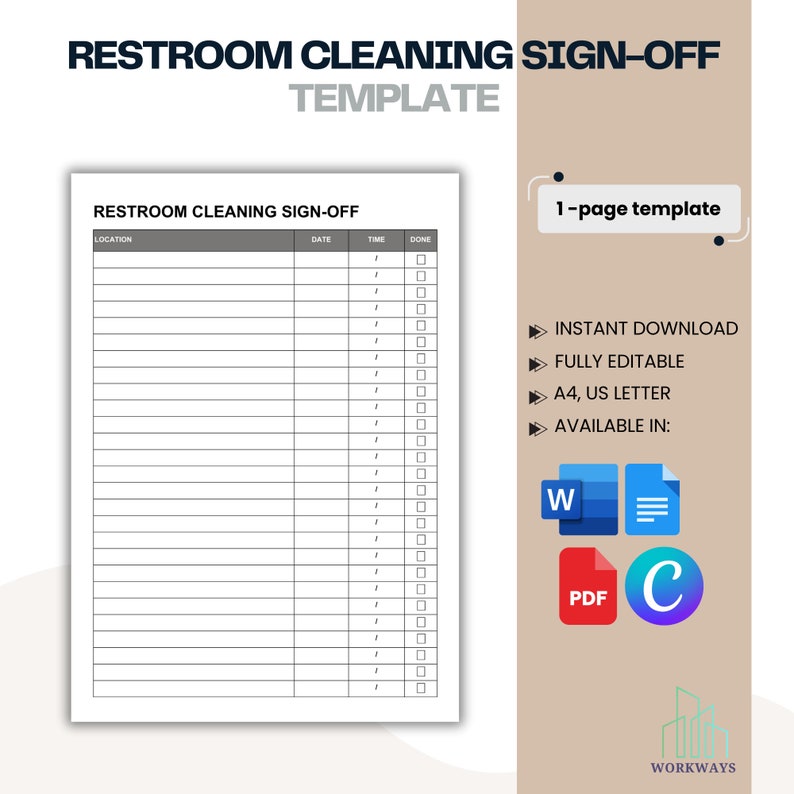Restroom Cleaning Sign-off Template: Editable Cleaning Log (digital ...