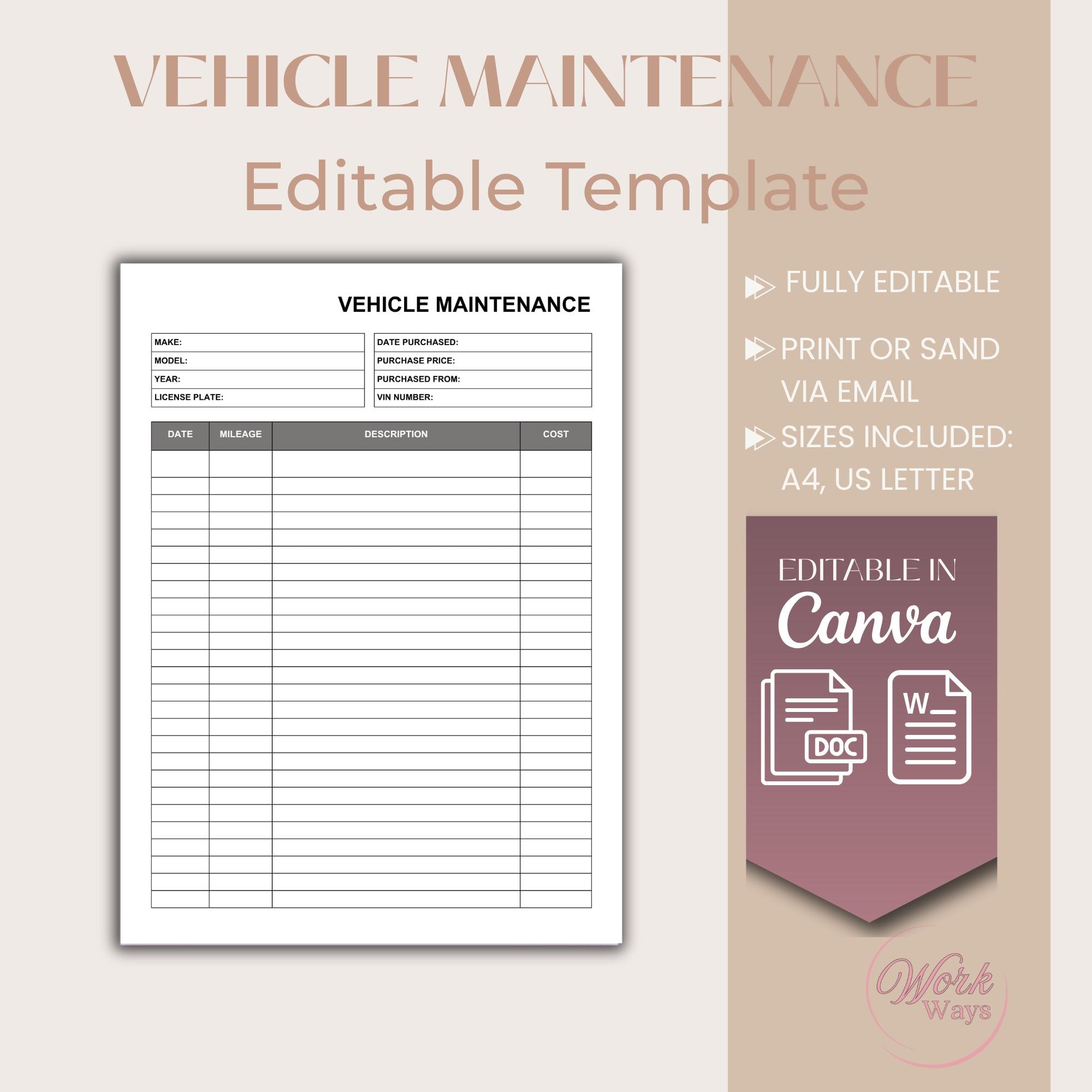 Vehicle Maintenance | Car Repair Log| Car Maintenance Log | Editable ...