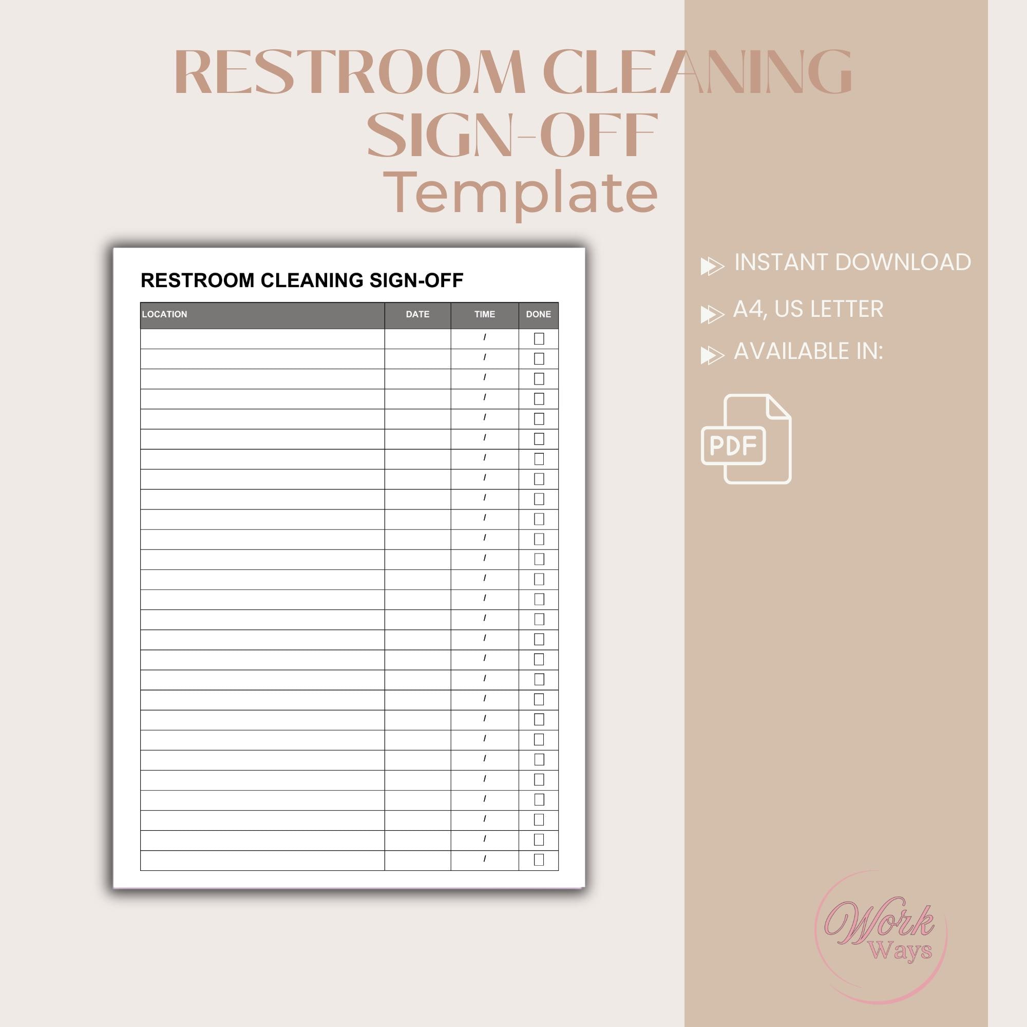 Restroom Cleaning Sign-off | Restroom Cleaning Sheet | Cleaning Log ...