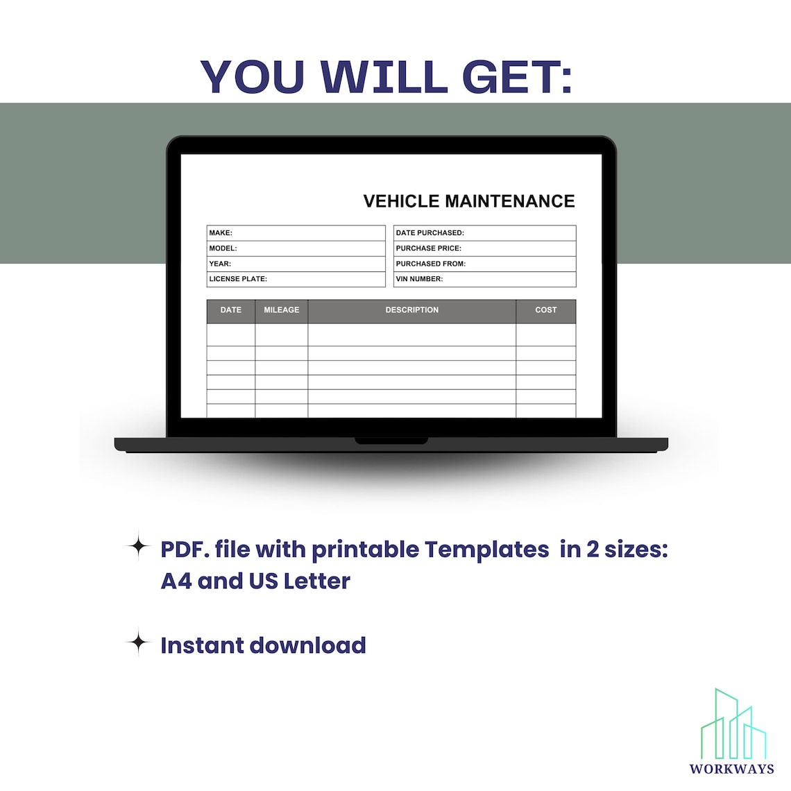 Printable Vehicle Maintenance Template | Car Repair Log| Car ...