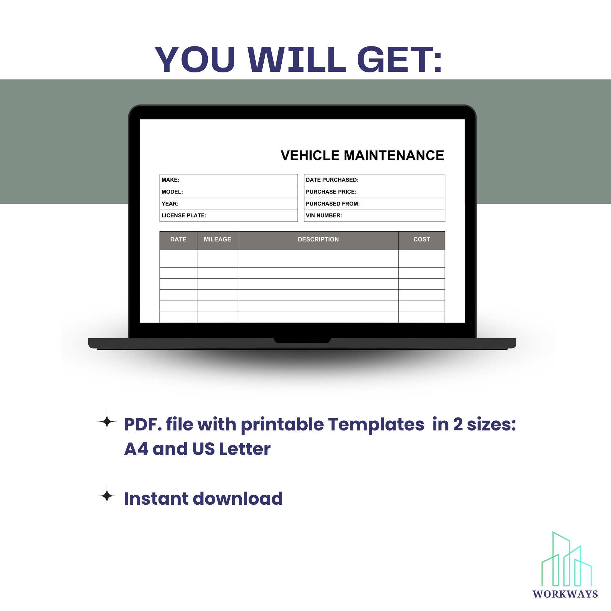 Printable Vehicle Maintenance Template | Car Repair Log| Car ...