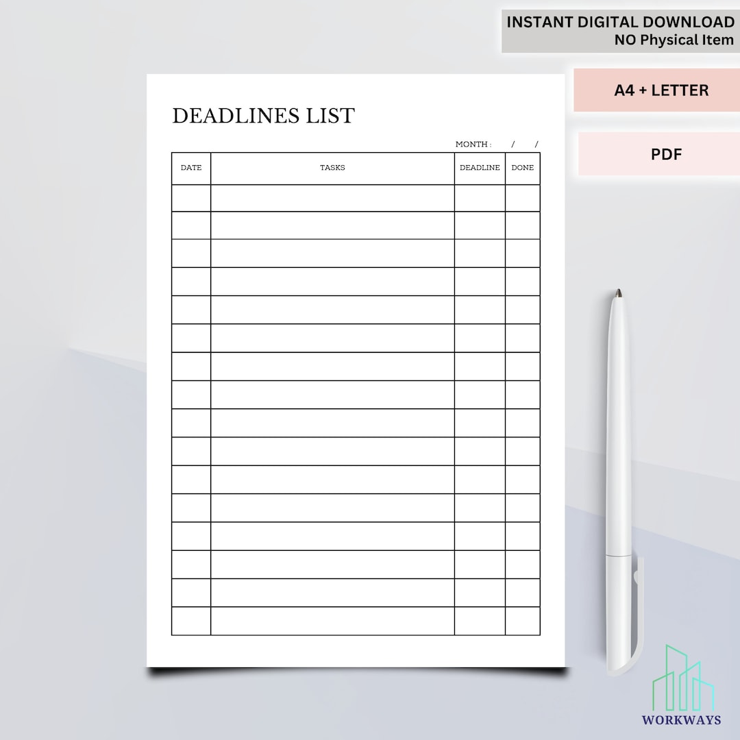 Deadlines Printable Template | Deadlines List | Daily to Do List - Etsy
