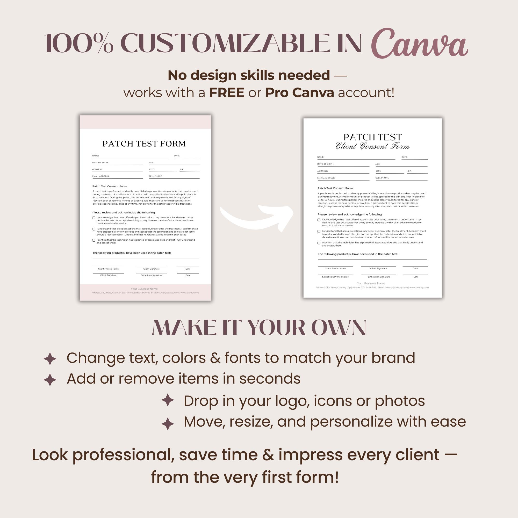 Patch Test Form, Skin Analysis Form, Skin Consultation Form, Beauty ...