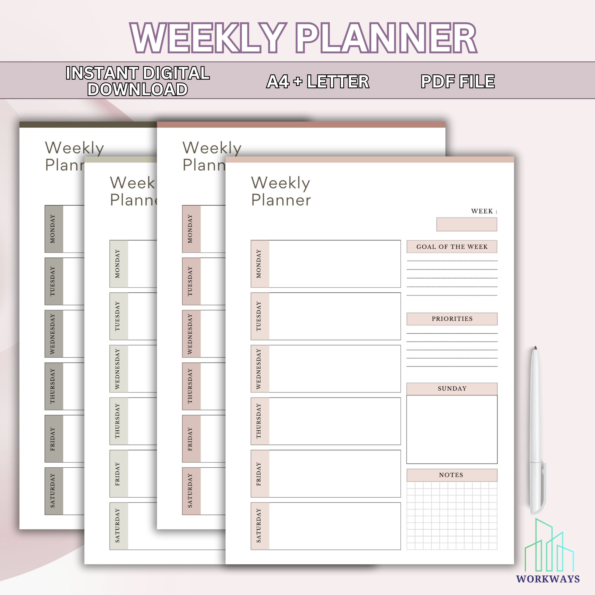 Weekly Planner Printable Weekly Task List Weekly Organizer Printable ...
