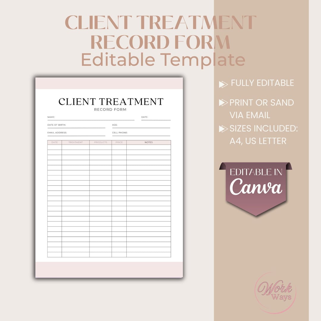 Client Treatment Record Form, Esthetician Forms Documents, Editable ...