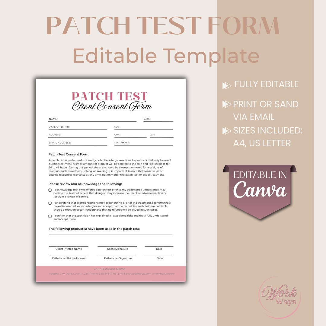 Editable Patch Test Template, Client Patch Test Form, Skin Analysis ...