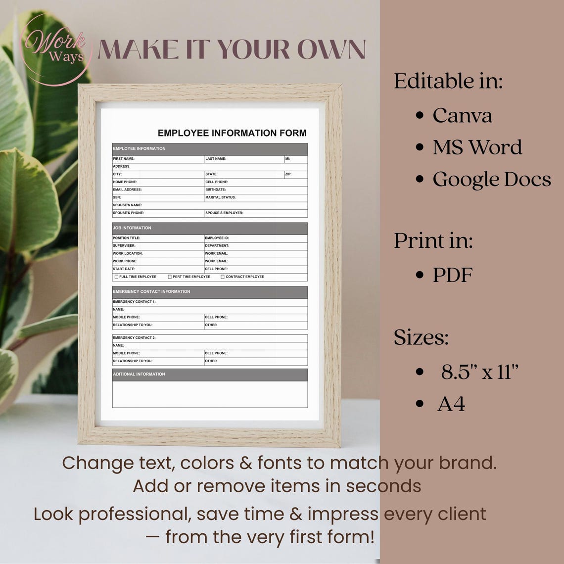 Employee Information Form | New-hire Form | HR Template | Onboarding ...