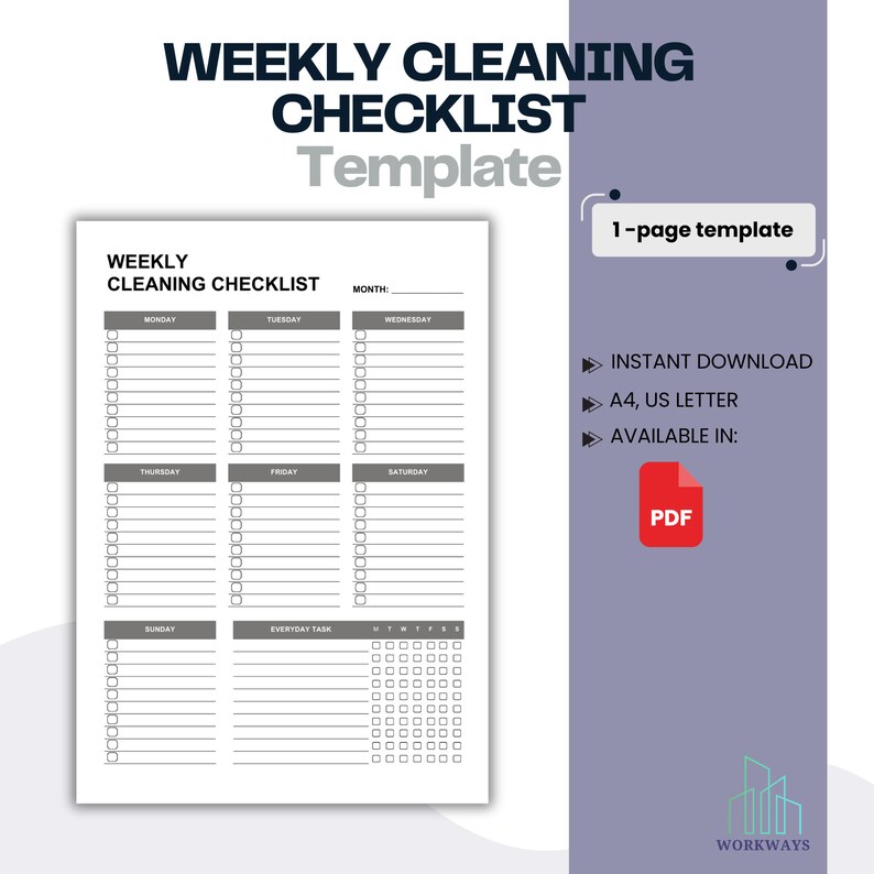 Weekly Cleaning Checklist Home Cleaning Schedule Office Cleaning ...