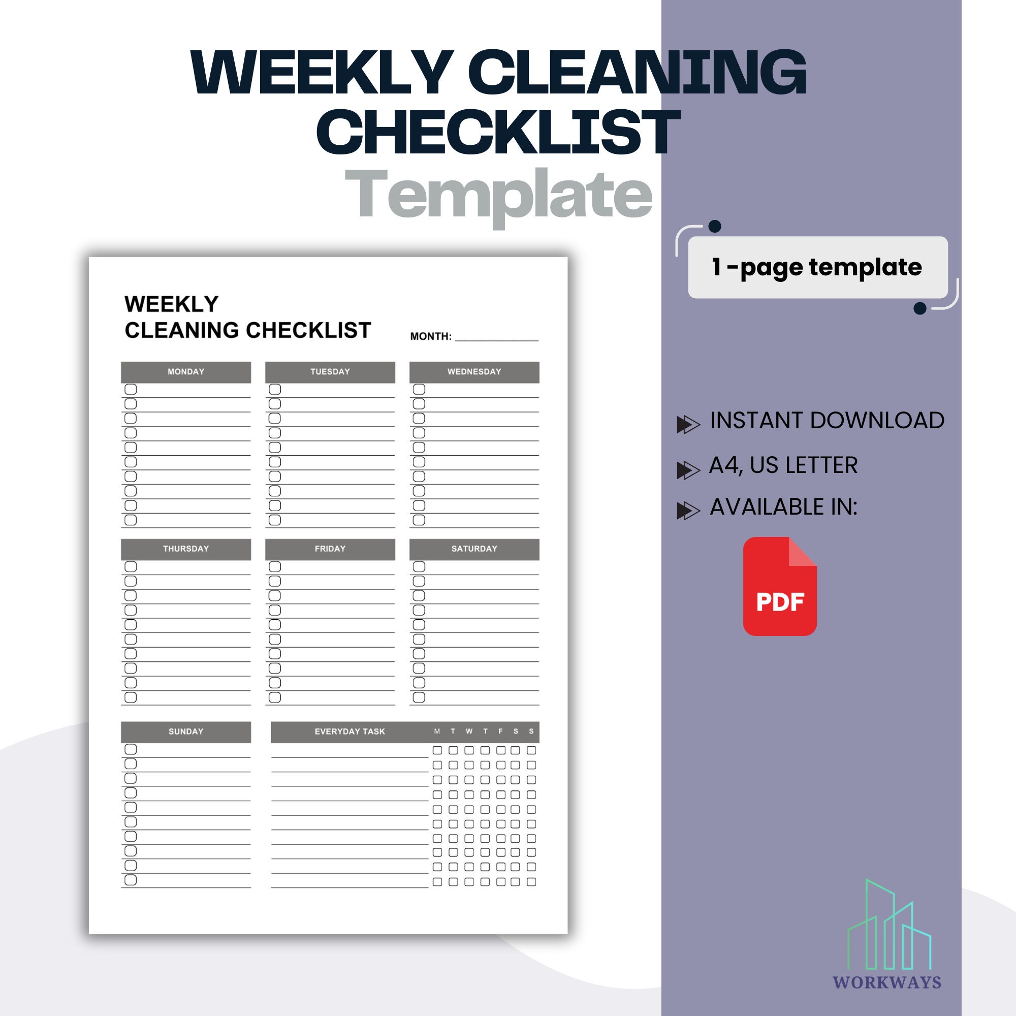 Weekly Cleaning Checklist Home Cleaning Schedule Office Cleaning ...