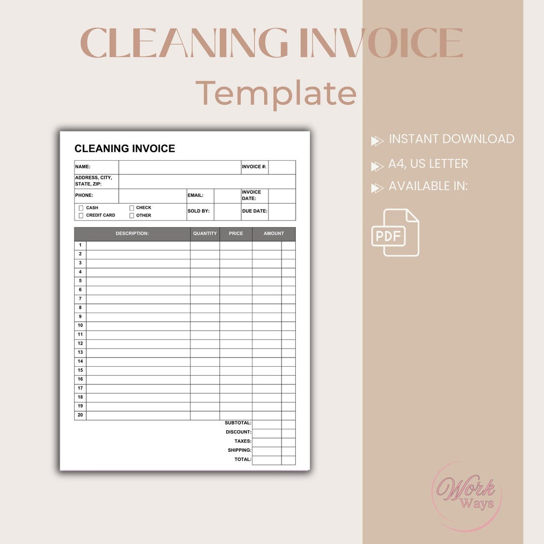 Cleaning Invoice Printable Template | Professional Instant Download for ...