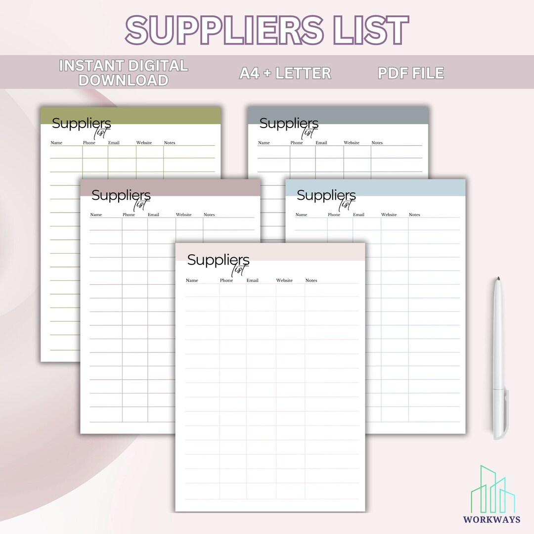 Suppliers List Printable Template Suppliers List Template Suppliers ...