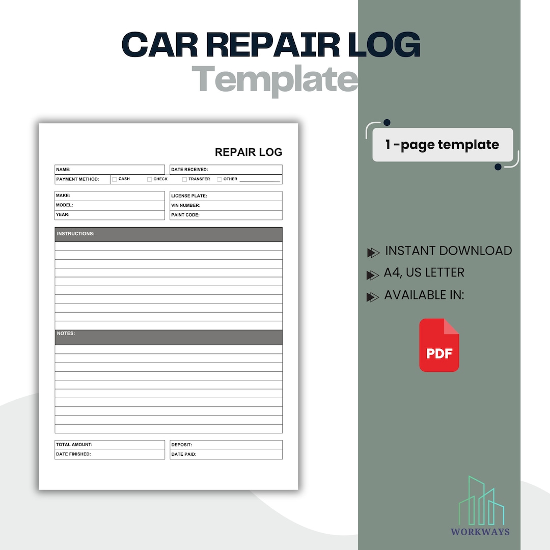 Printable Vehicle Repair Tracker Template | Car Repair Log| Car ...