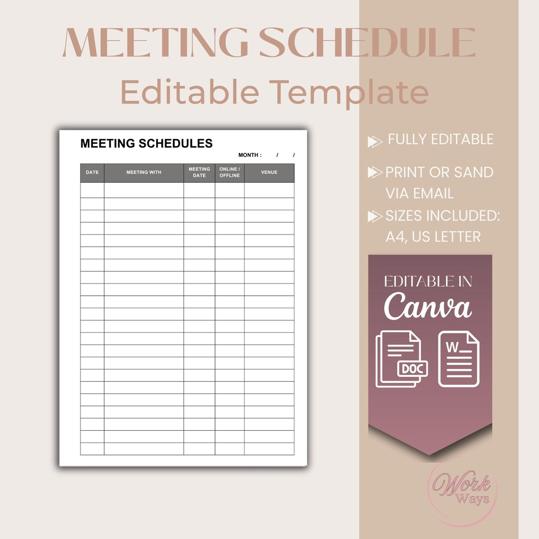 Printable Meeting Schedule Template: Editable Agenda (PDF, Word) - Etsy