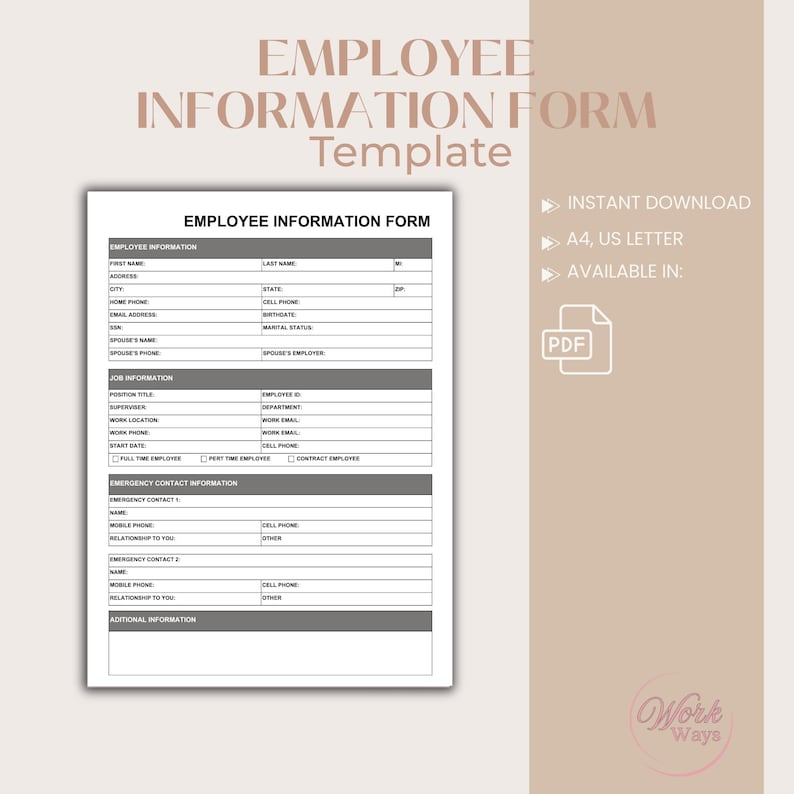 Printable Employee Information Form | New-hire Form | HR Template ...
