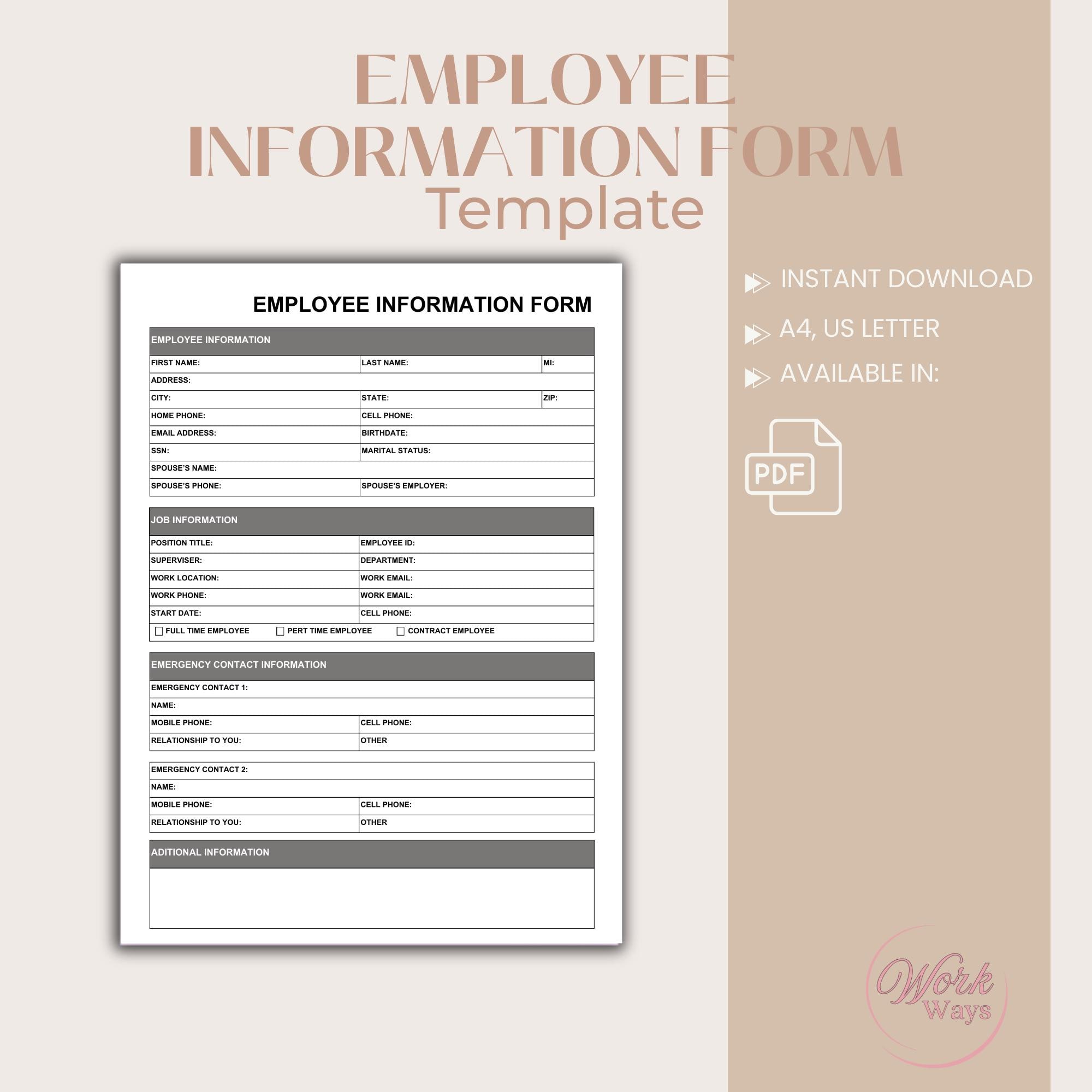 Printable Employee Information Form | New-hire Form | HR Template ...