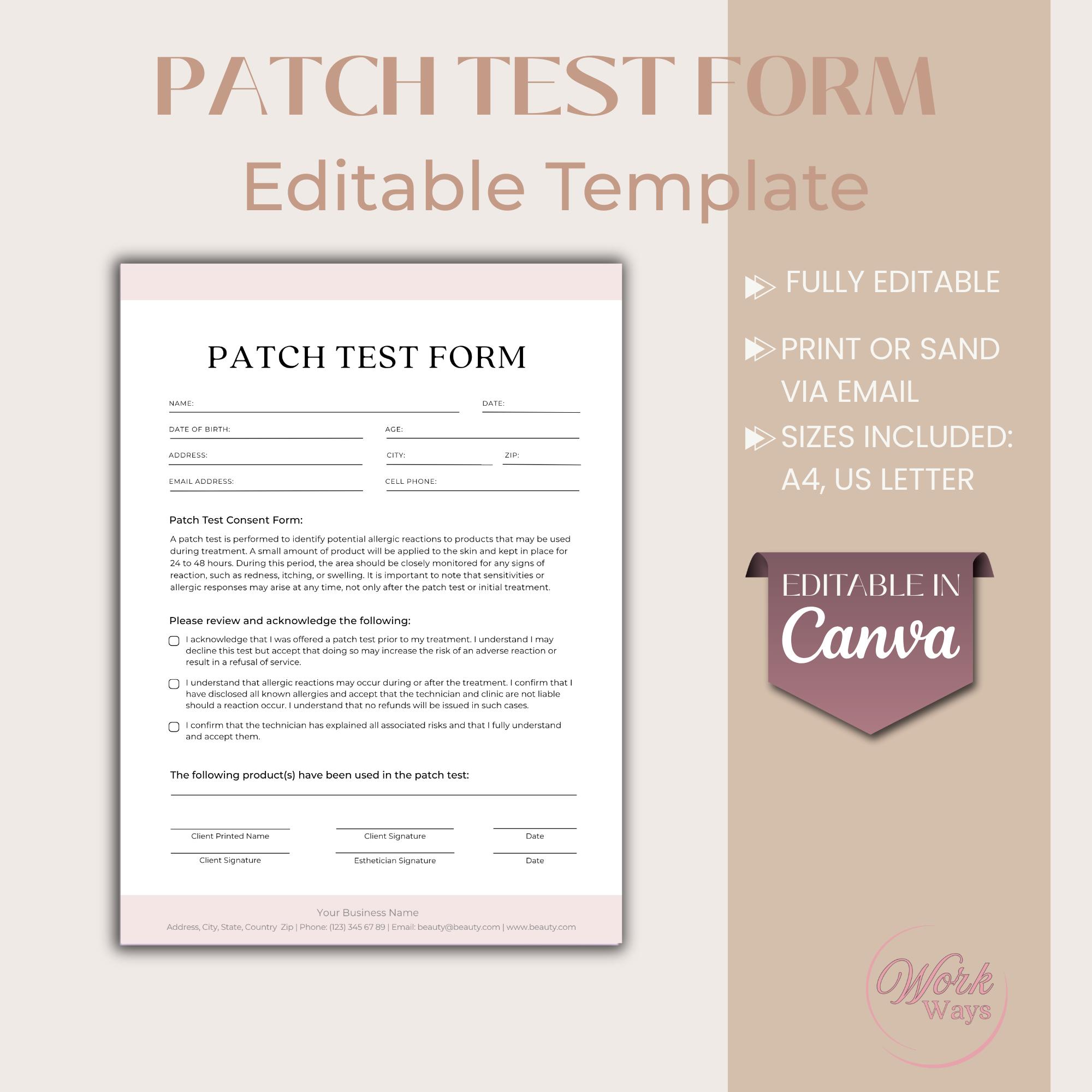 Patch Test Form, Skin Analysis Form, Skin Consultation Form, Beauty ...