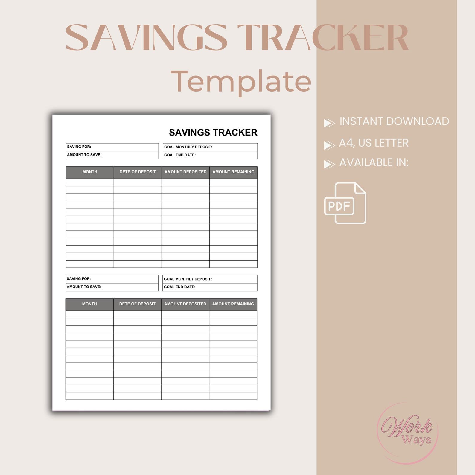 Savings Tracker Template: Printable Savings Goal Plan (PDF), Money ...