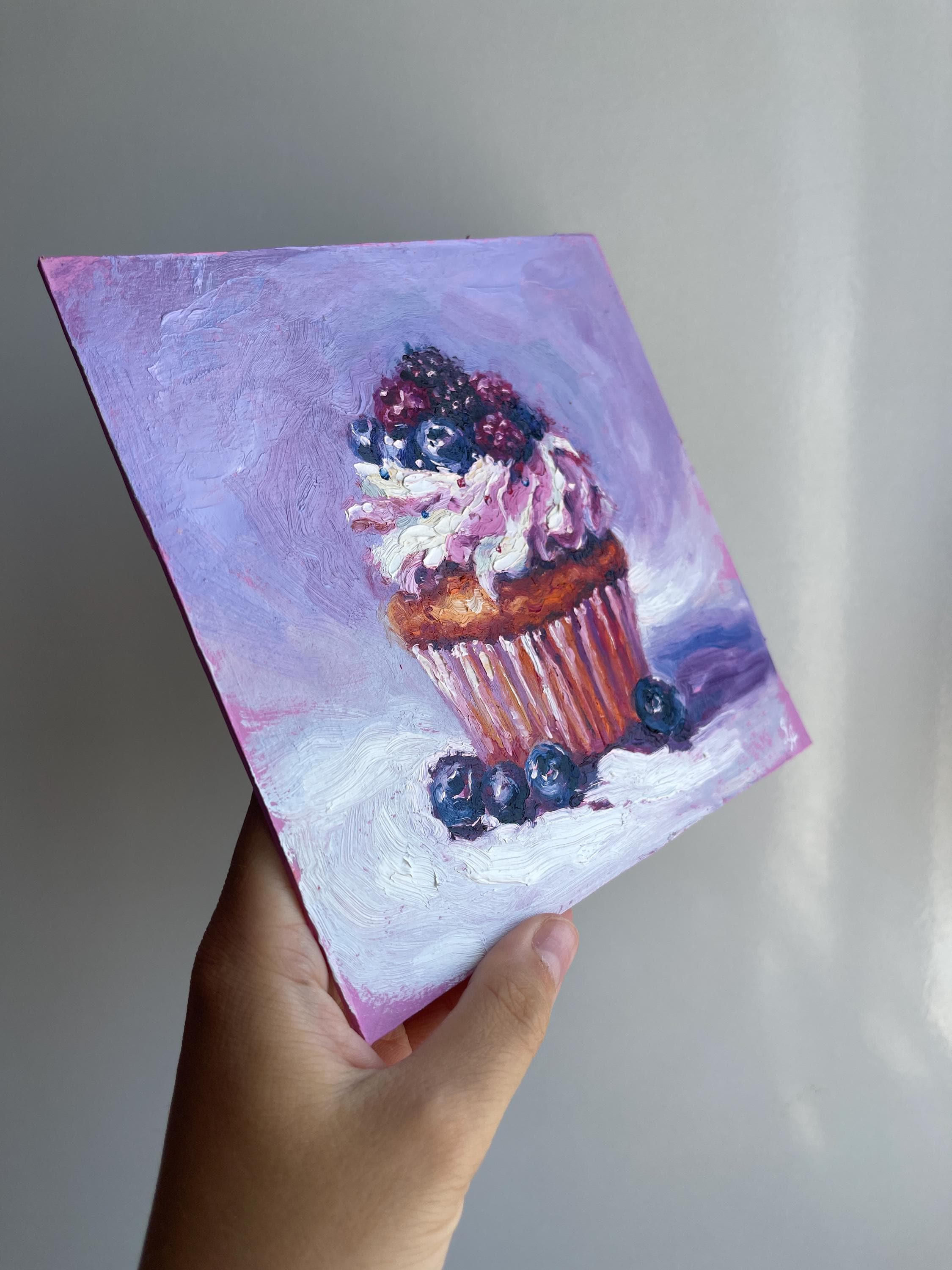 Cupcake Painting Cake Original Art Sweet Dessert Oil Artwork Small ...