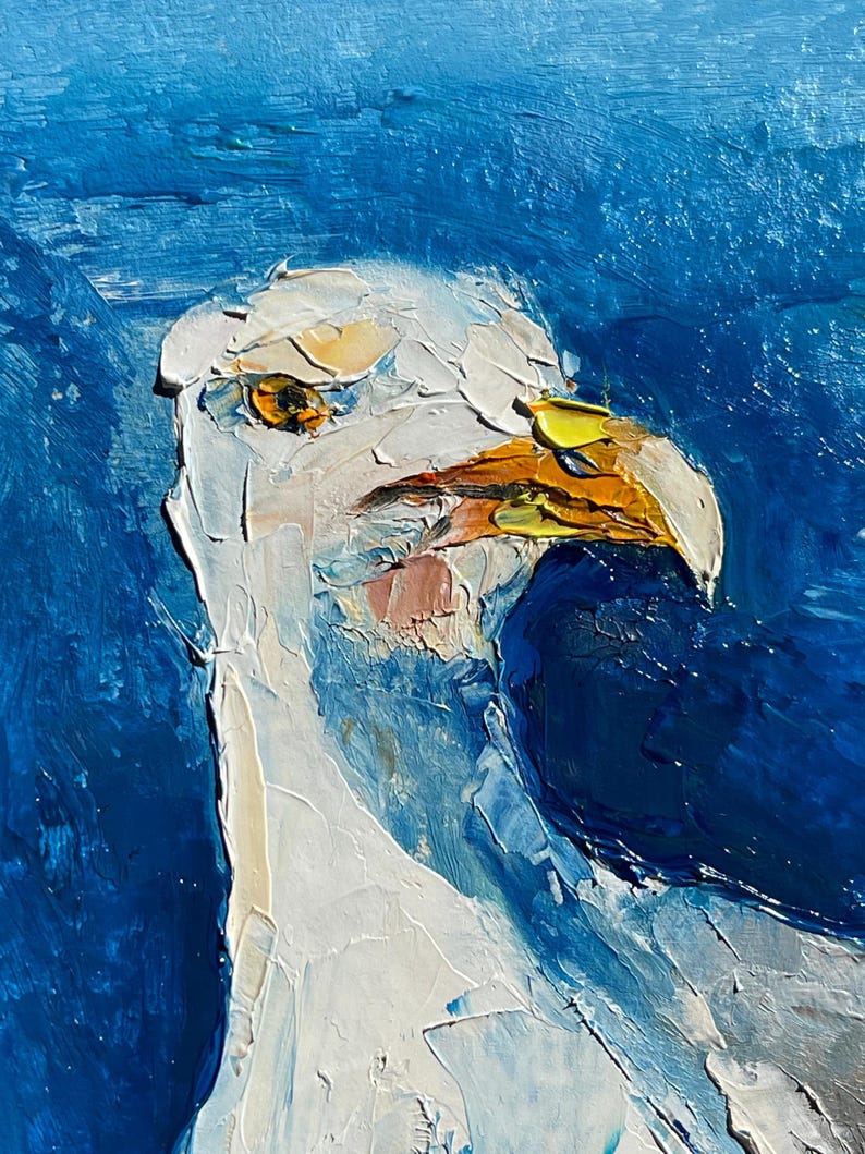 Seagull Oil Painting Original Art Coastal Bird Wall Art Blue Seaside ...