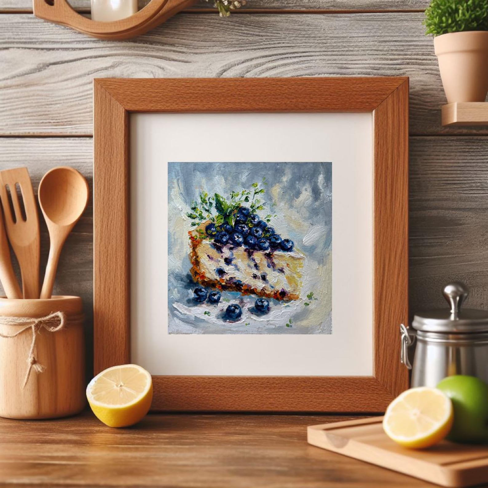 Blueberry Cake Oil Painting Kitchen Wall Art Cheesecake Impasto Artwork ...