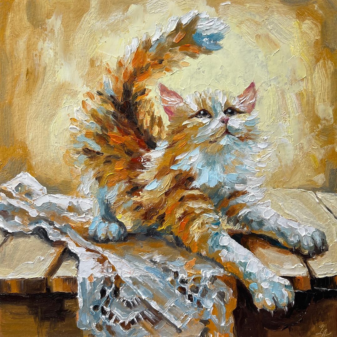 Cute Cat Oil Painting Original Wall Art Orange Kitten Stretching Animal ...