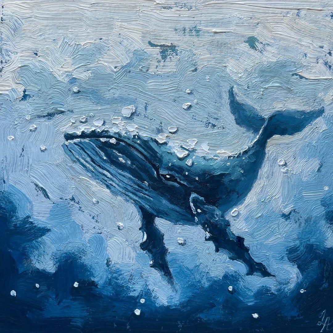 Humpback Whale Oil Painting Original Art Animals Artwork Marine Wall Decor Gifts for Him Small ...
