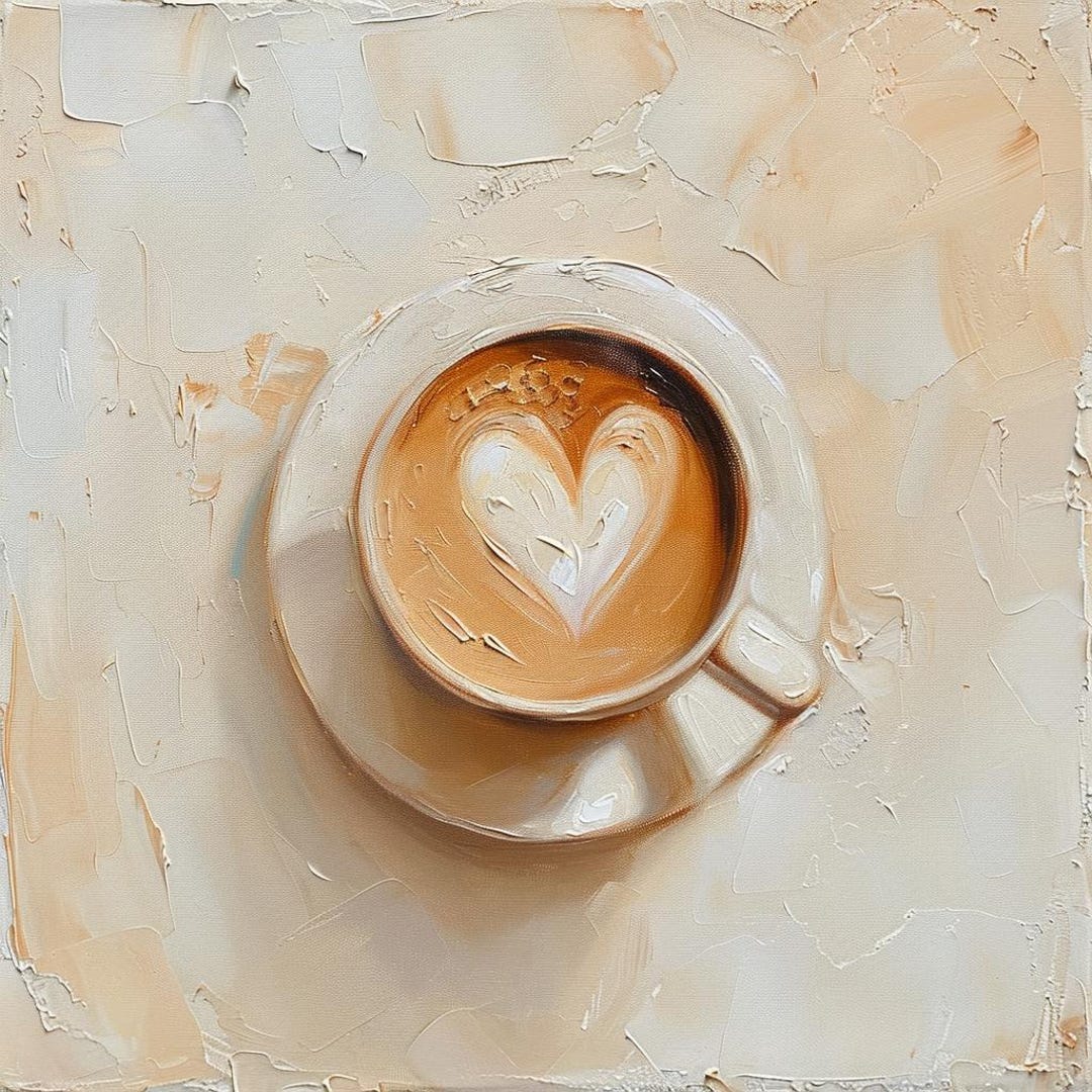 Coffee Cup Oil Painting, Cappuccino Art With Heart Foam, Neutral Beige ...
