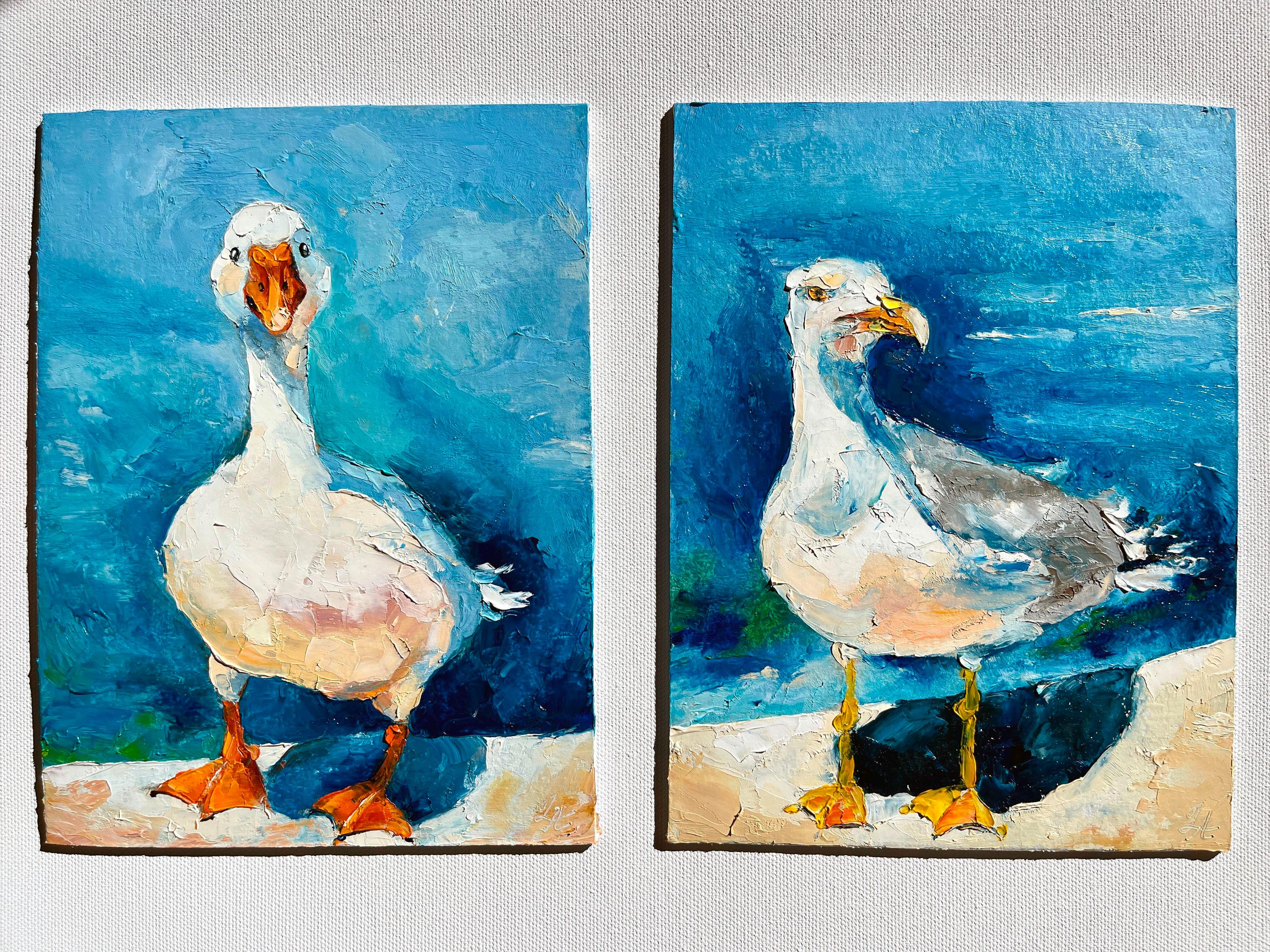 Seagull Oil Painting Original Art Coastal Bird Wall Art Blue Seaside ...