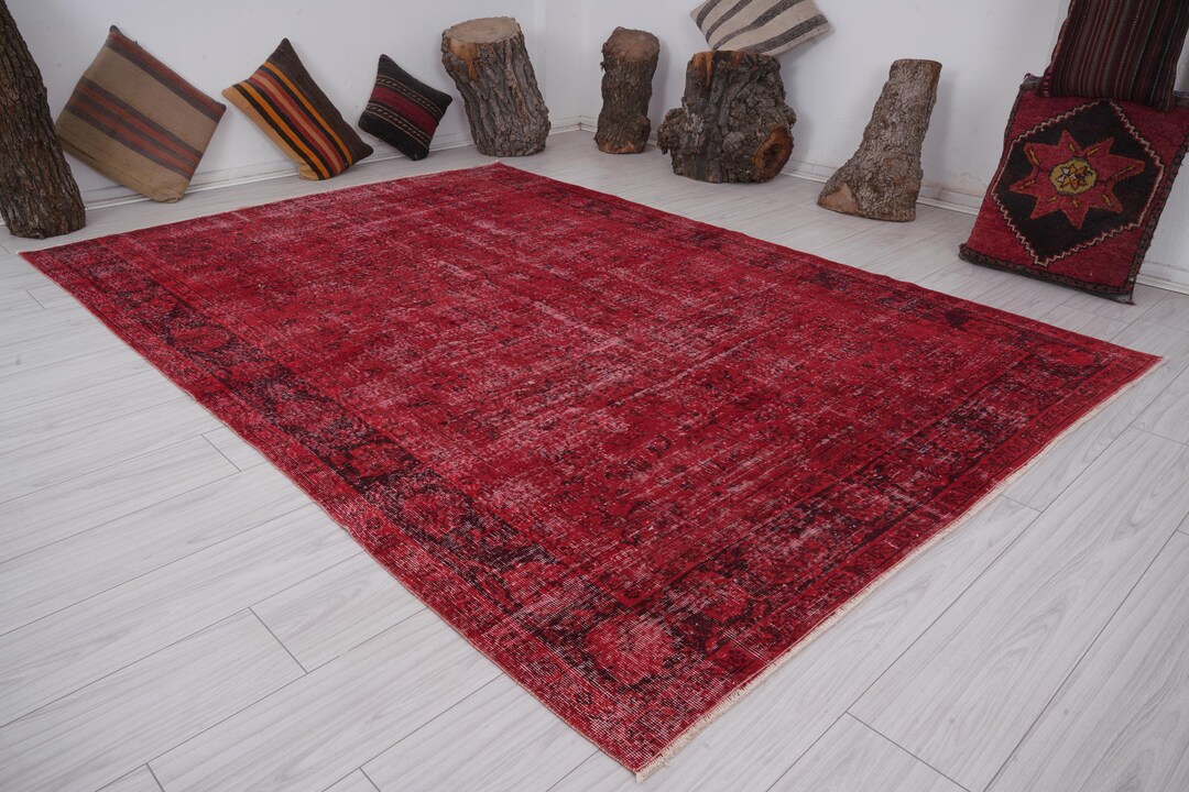 Handmade Oushak Wool Rug 7x9, Muted Vintage Rug Red, Natural Turkish ...