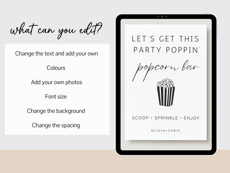 Editable Personalised Printable Wedding Sign, Popcorn Bar Wedding Sign ...