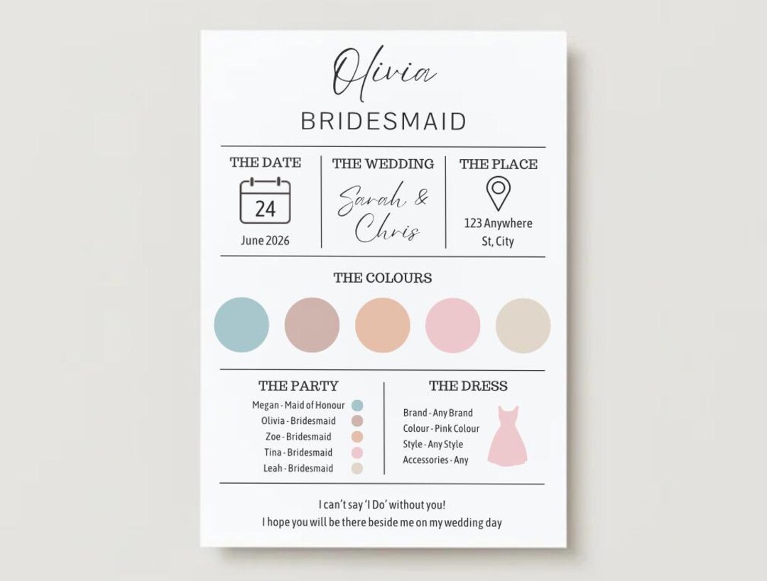 Personalized Wedding Party Info Card: Editable Template (digital ...
