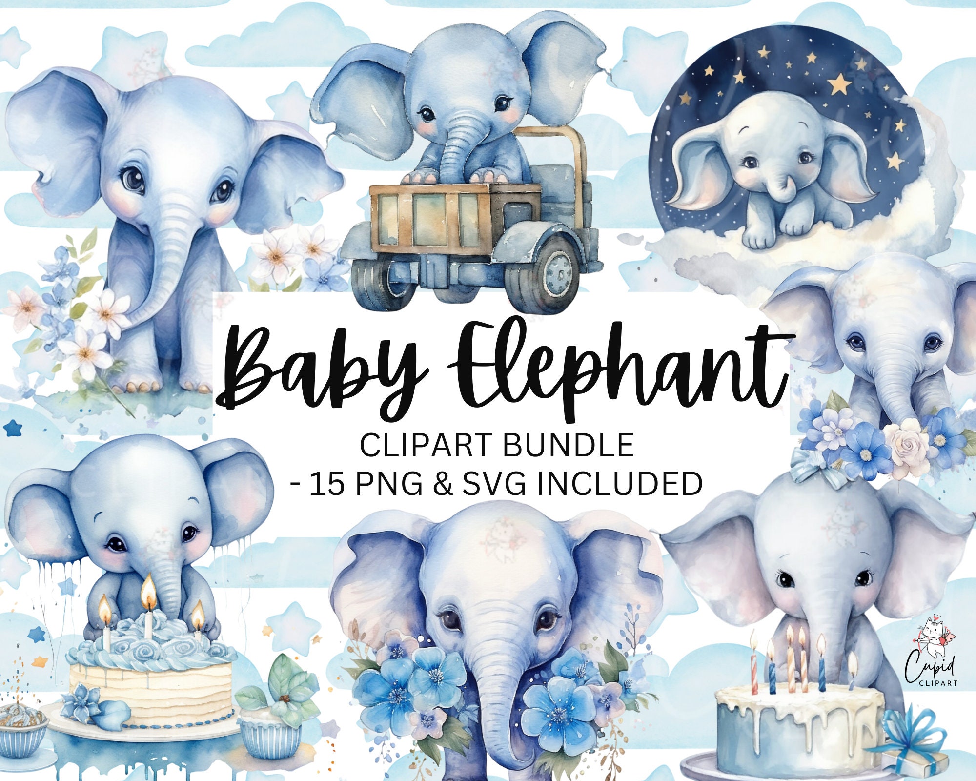 Watercolor Baby Elephant Clipart, Cute Animal Clipart, Baby Shower ...