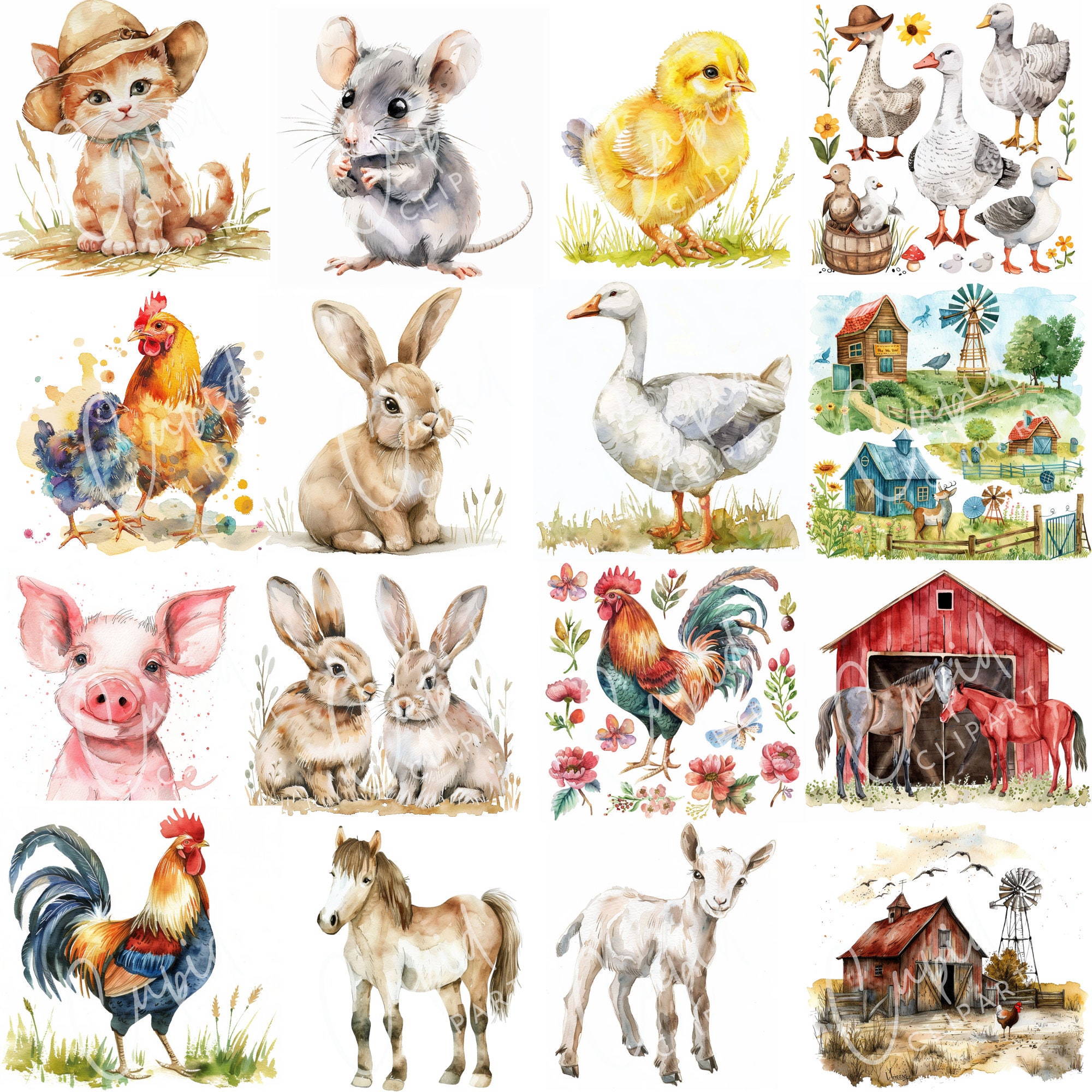 Watercolor Farm Animal Clipart Bundle, Nursery Clipart, Cute Animals ...