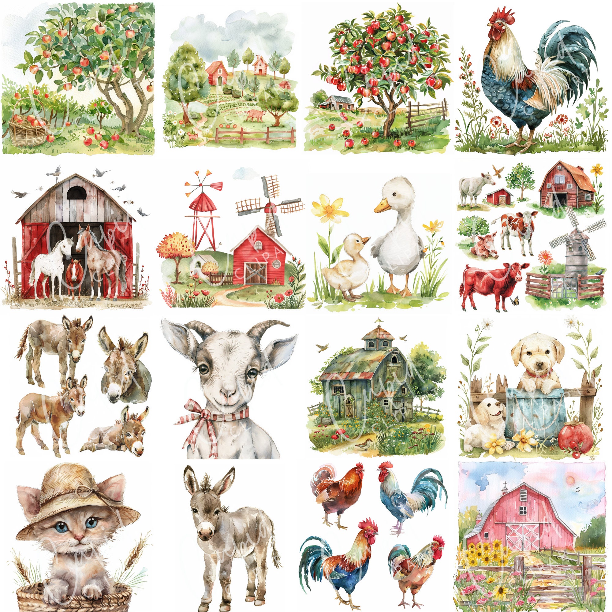 Watercolor Farm Animal Clipart Bundle, Nursery Clipart, Cute Animals ...