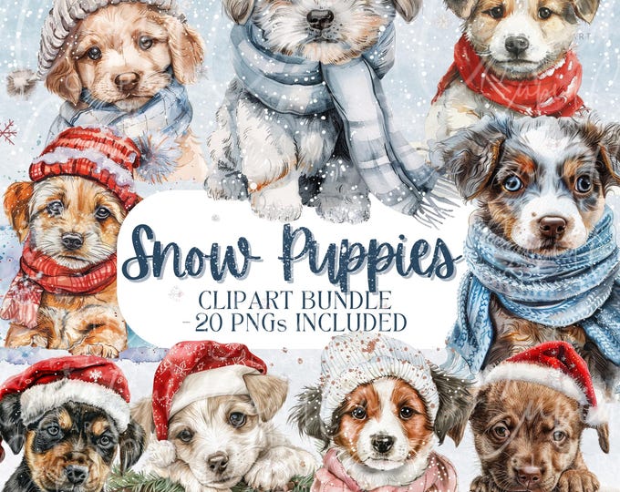 Winter Dogs Watercolor Clipart, Hats and Snowflakes (digital Download ...