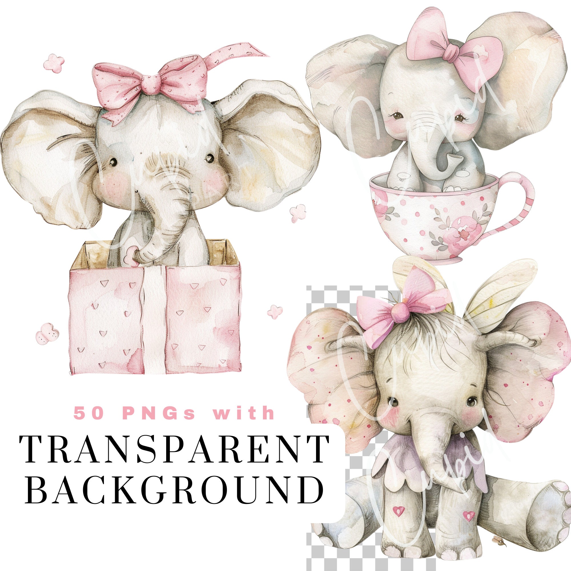 Watercolor Pink Baby Elephant Clipart, Cute Elephant PNG, Girl Elephant ...