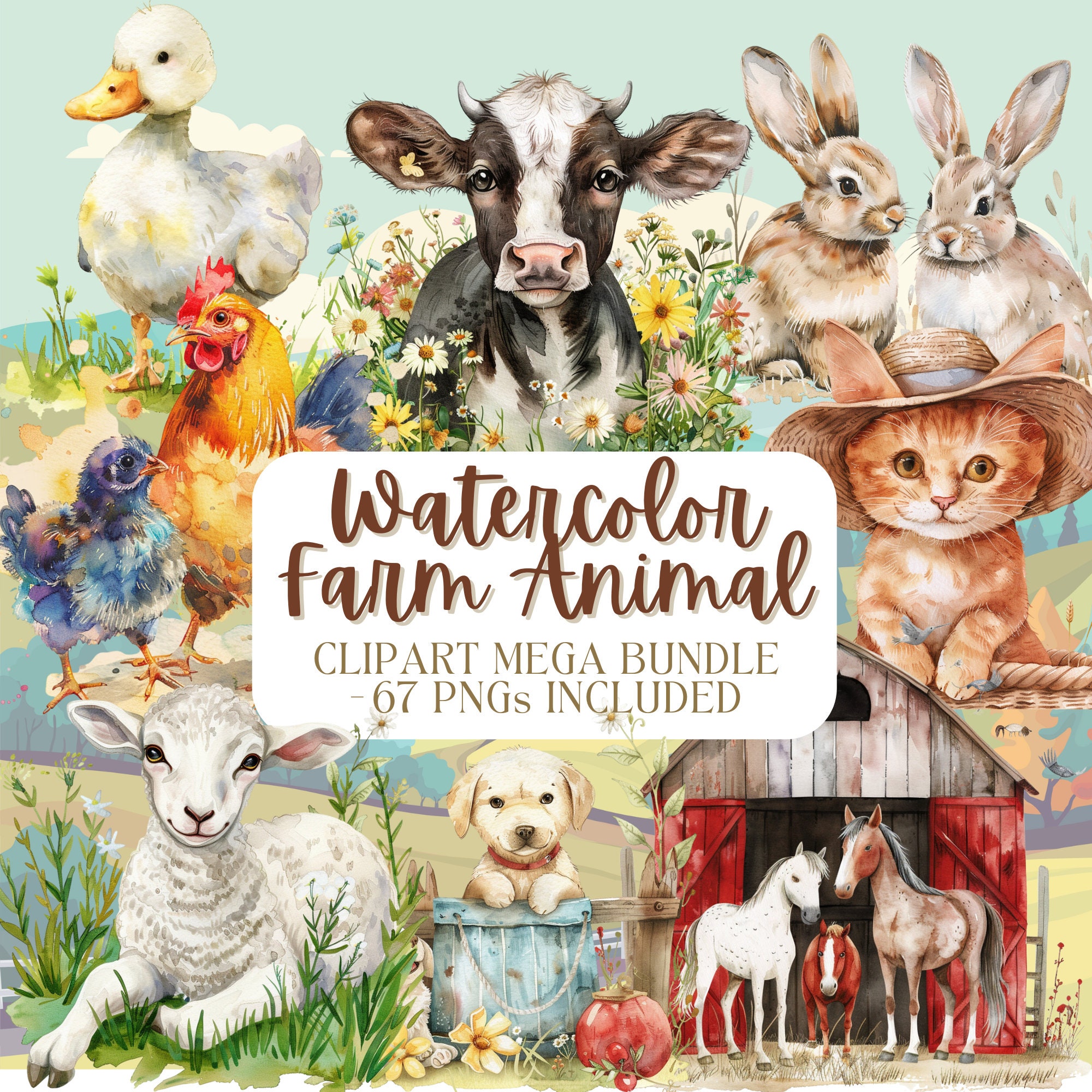 Watercolor Farm Animal Clipart Bundle, Nursery Clipart, Cute Animals ...
