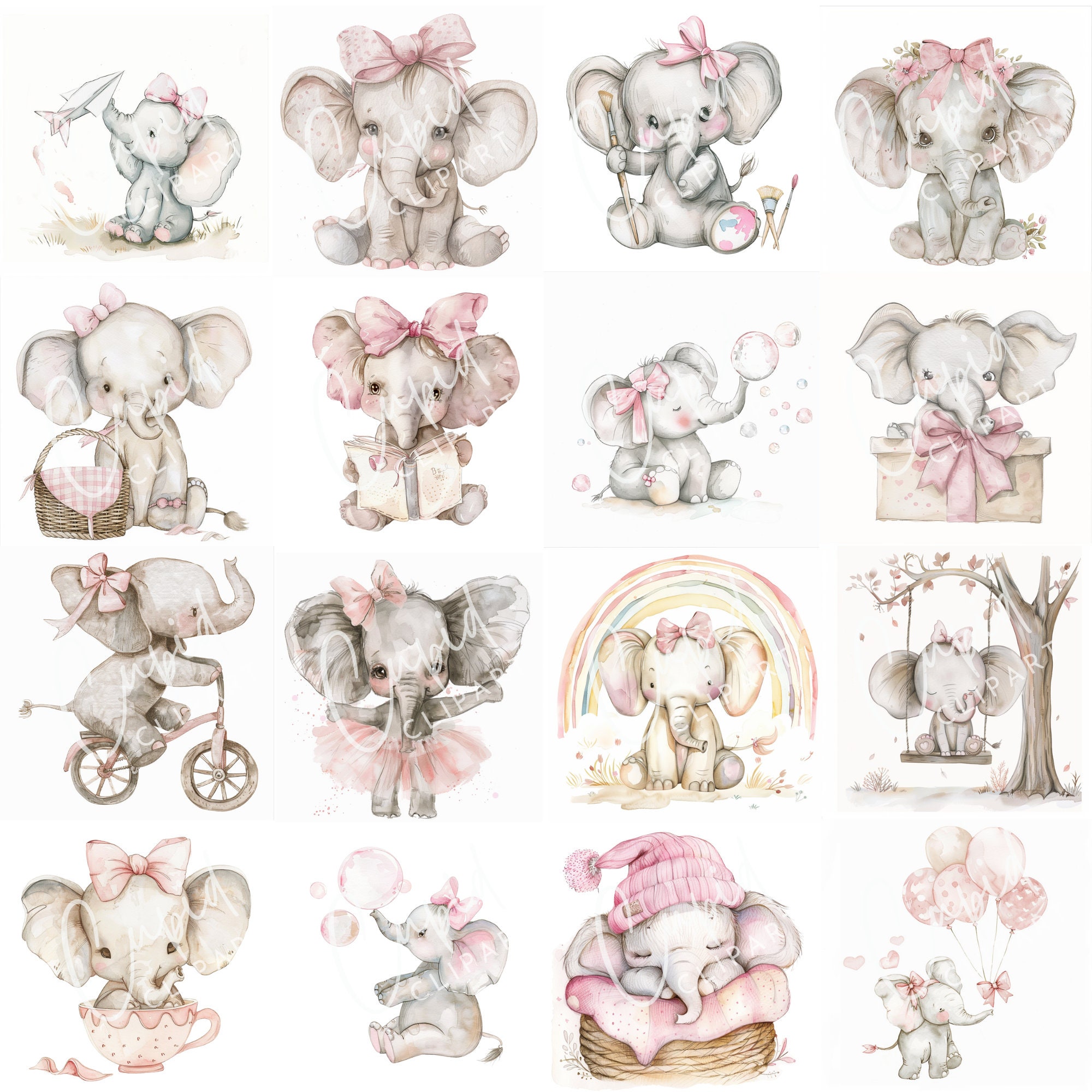 Watercolor Pink Baby Elephant Clipart, Cute Elephant PNG, Girl Elephant ...
