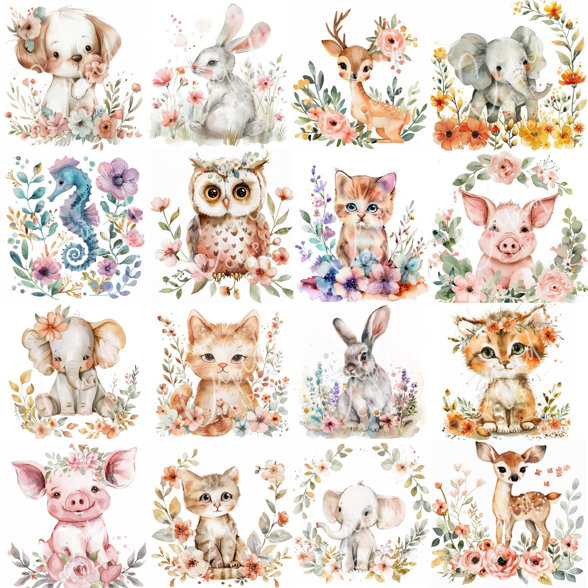 Floral Animals Watercolor Clipart, Floral Clipart, Flower Animals Png ...