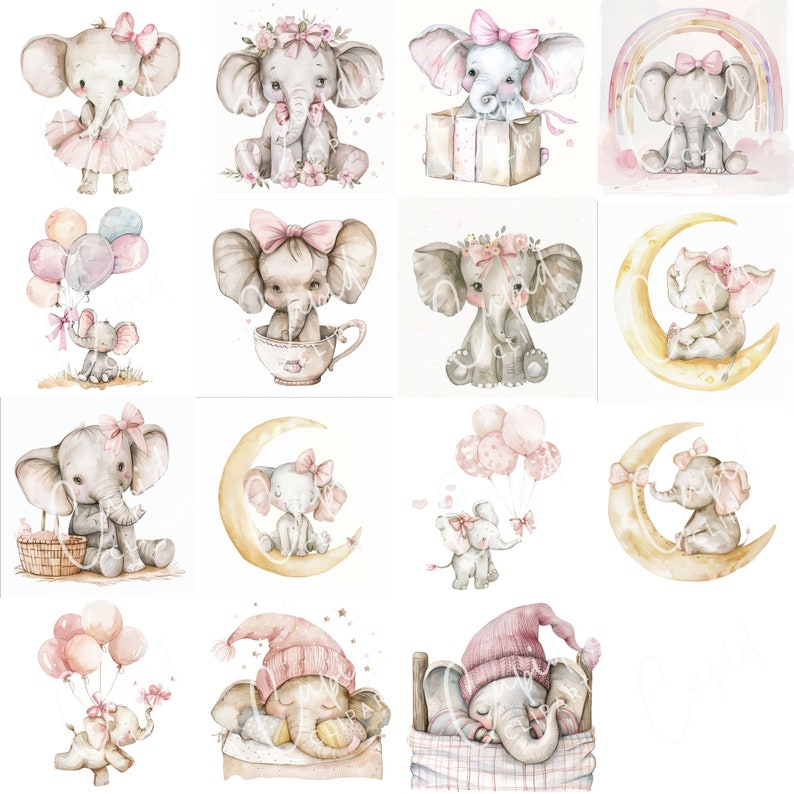 Watercolor Pink Baby Elephant Clipart, Cute Elephant PNG, Girl Elephant ...