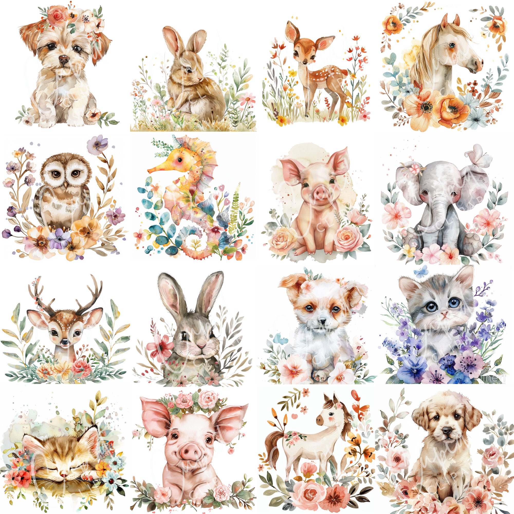 Floral Animals Watercolor Clipart, Floral Clipart, Flower Animals Png ...