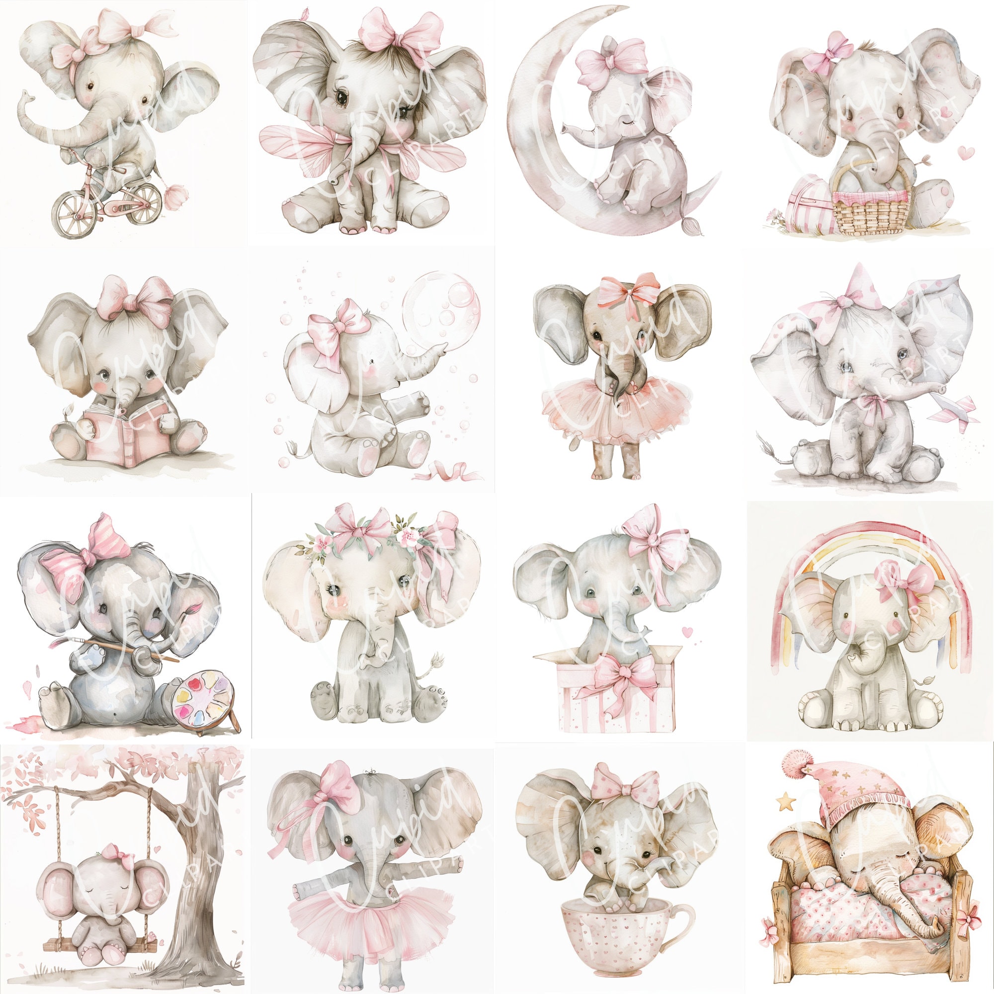 Watercolor Pink Baby Elephant Clipart, Cute Elephant PNG, Girl Elephant ...