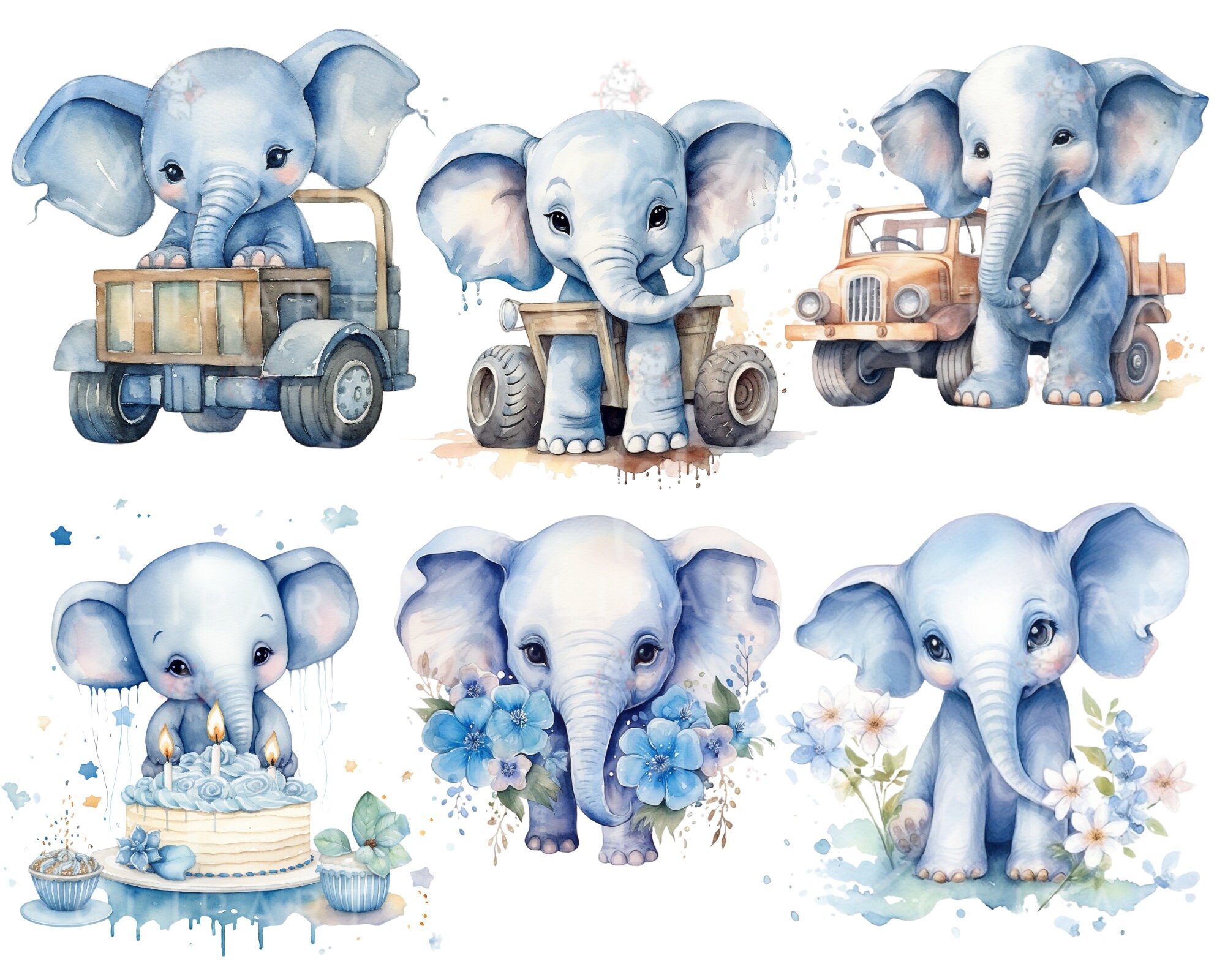 Watercolor Baby Elephant Clipart, Cute Animal Clipart, Baby Shower ...