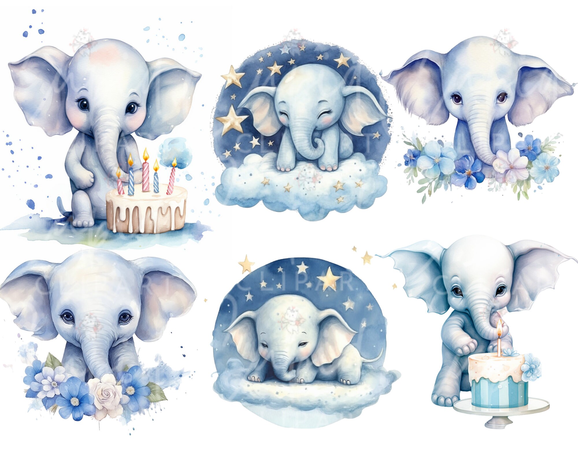 Watercolor Baby Elephant Clipart, Cute Animal Clipart, Baby Shower ...