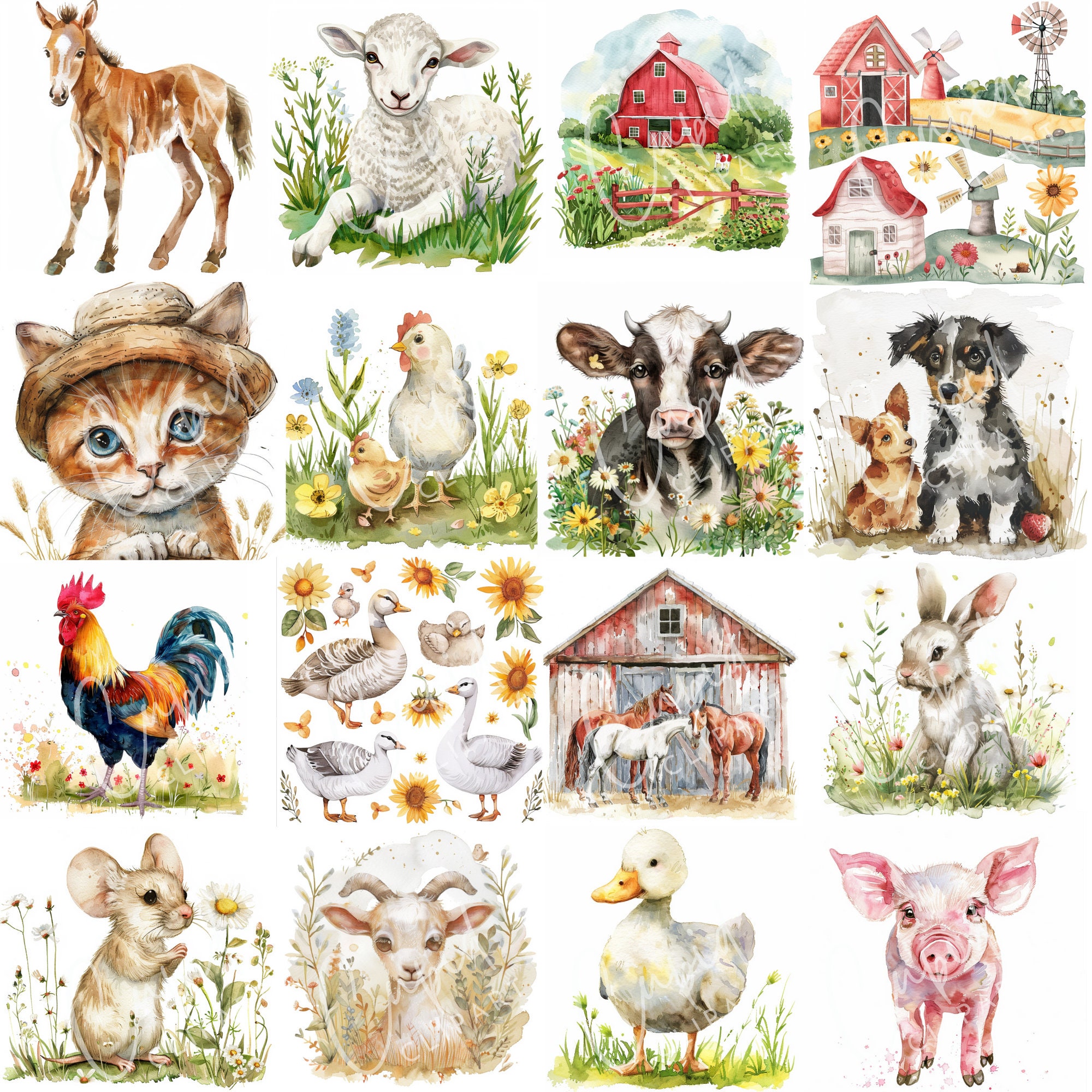 Watercolor Farm Animal Clipart Bundle, Nursery Clipart, Cute Animals ...
