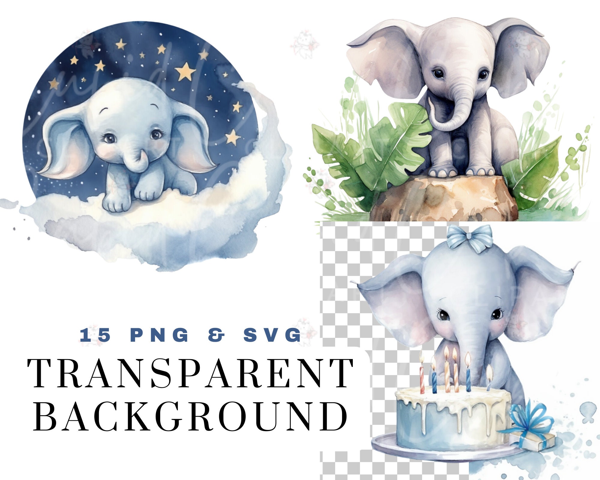 Watercolor Baby Elephant Clipart, Cute Animal Clipart, Baby Shower ...
