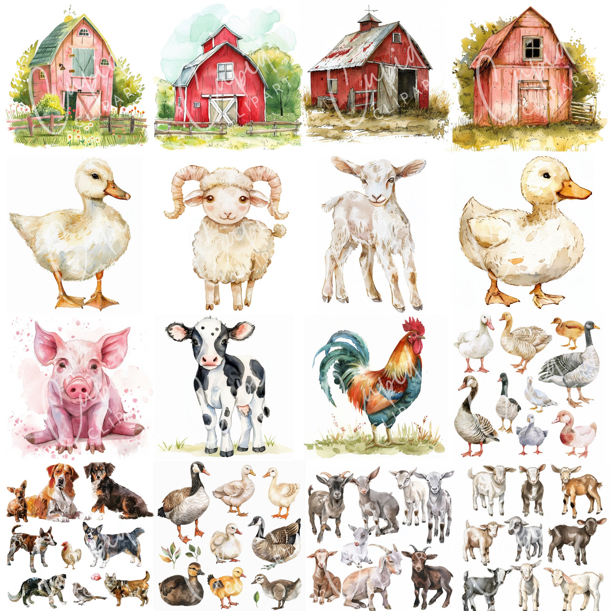 Watercolor Farm Animal Clipart Bundle, Nursery Clipart, Cute Animals ...