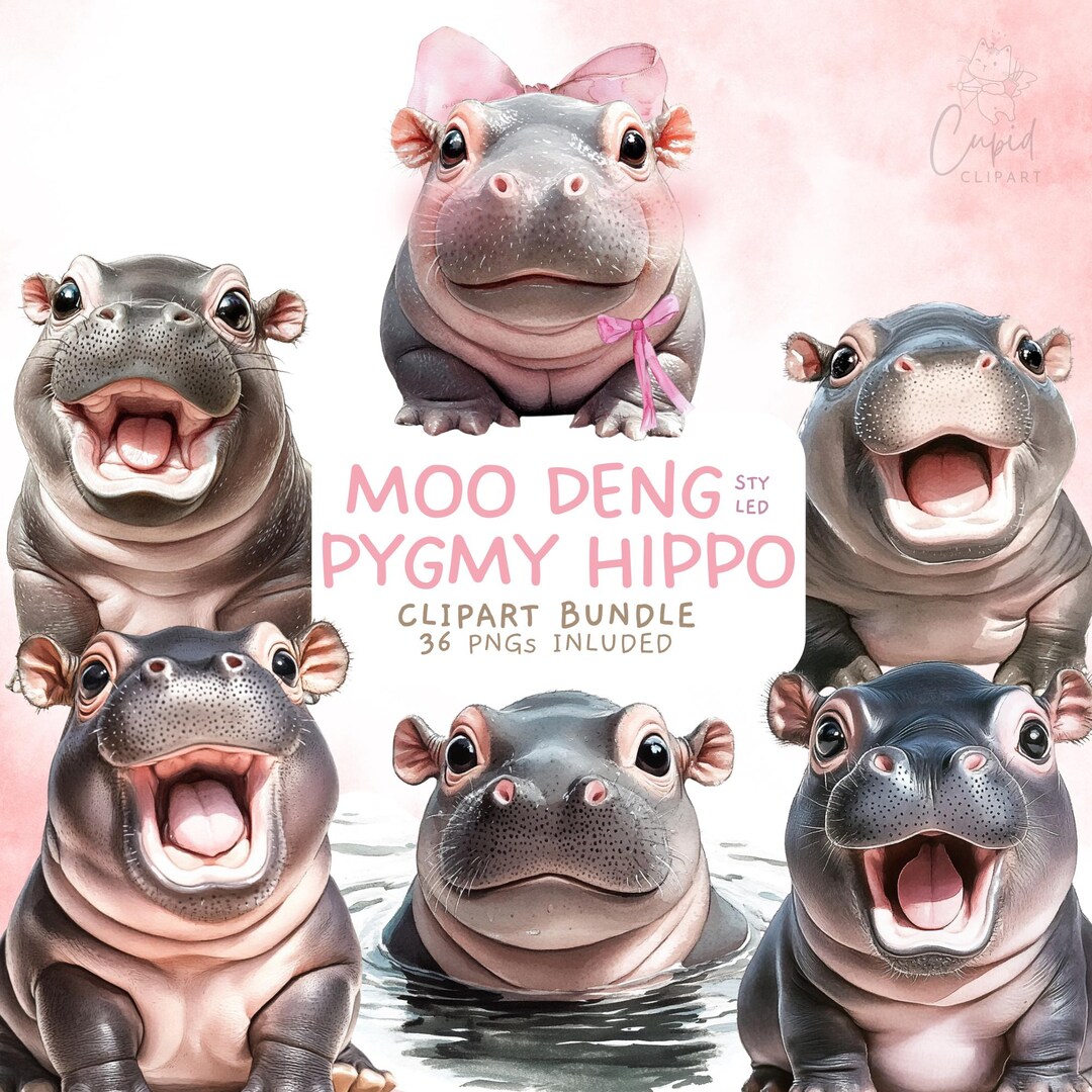 Moo Deng Styled Pygmy Hippo Clipart, Cute Pink Pygmy Hippo Clipart With ...