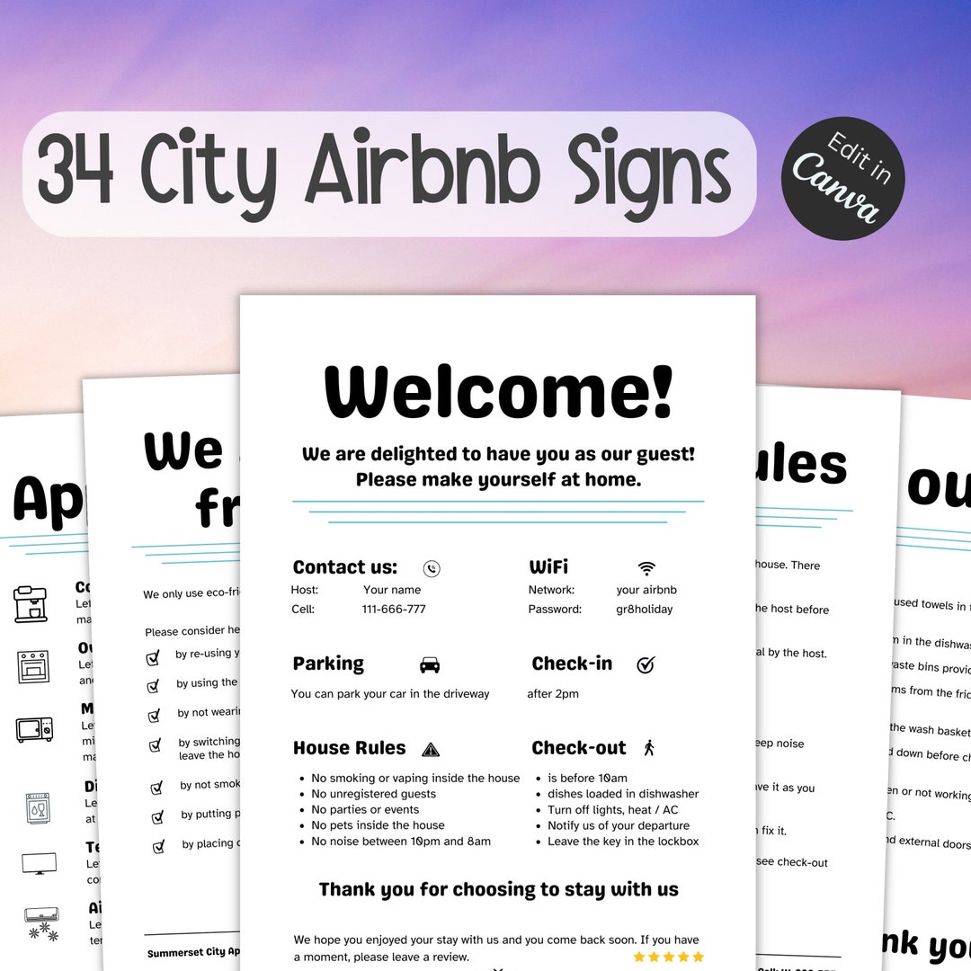 Editable City Airbnb Sign Bundle, Signage Template, Wifi Password Sign ...